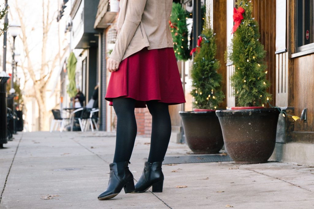 Red Dress with Black Tights Outfit - Allyn Lewis