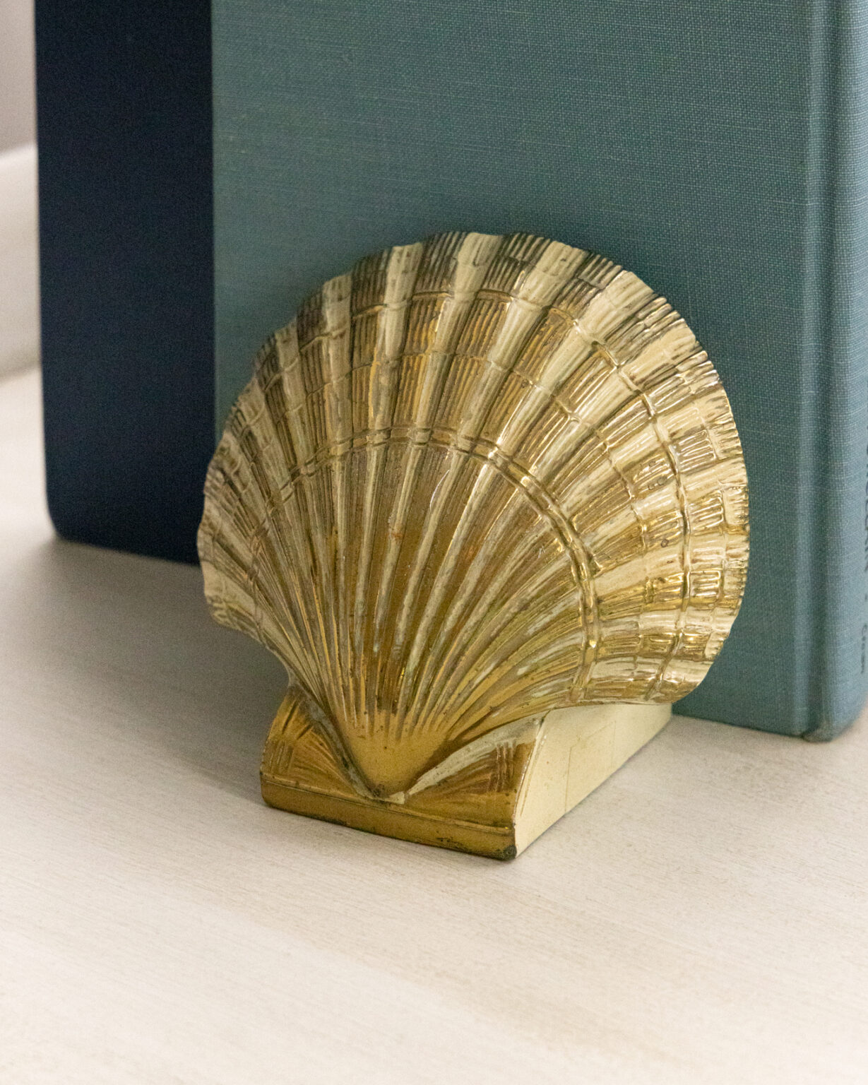 Vintage Brass Shell Bookends with Beige Details - Allyn Lewis