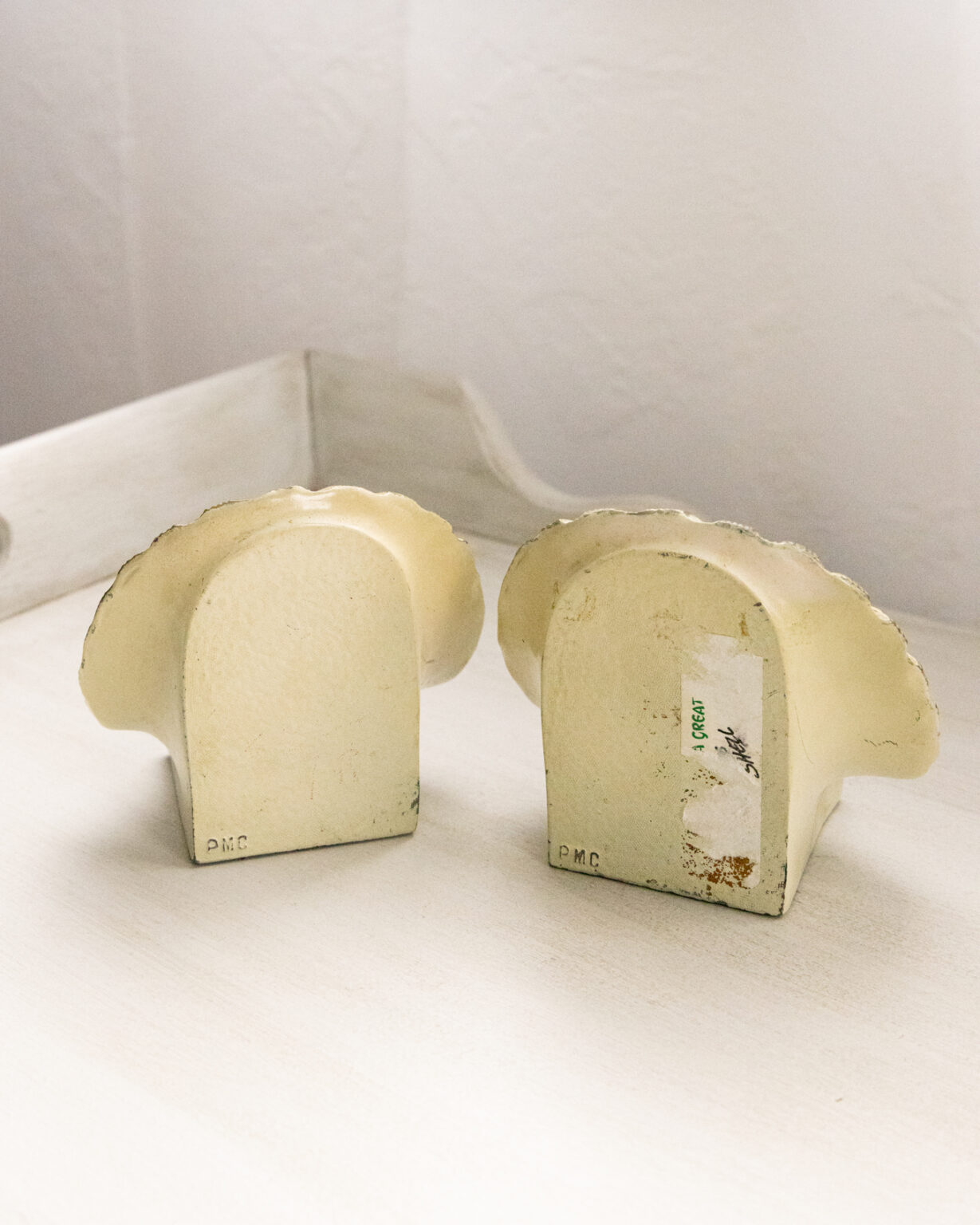 Vintage Brass Shell Bookends with Beige Details - Allyn Lewis